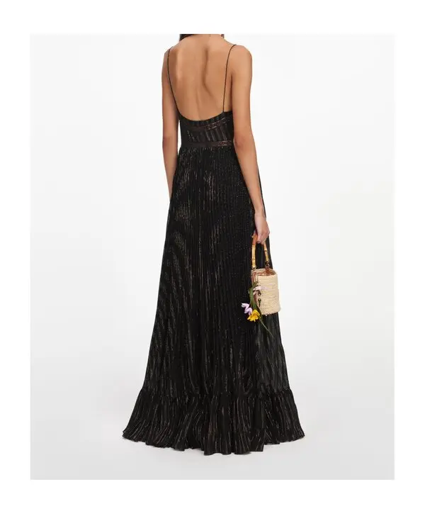 SELF-PORTRAIT Pleated Maxi Dress With Lace Trim