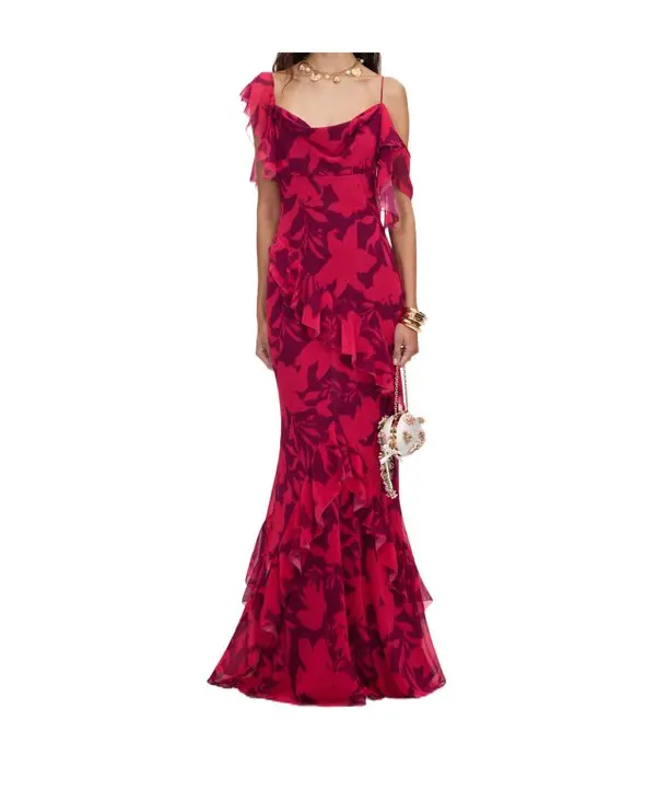 SELF-PORTRAIT Pink Floral Ruffle Maxi Dress - Red