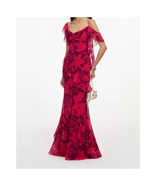 SELF-PORTRAIT Pink Floral Ruffle Maxi Dress