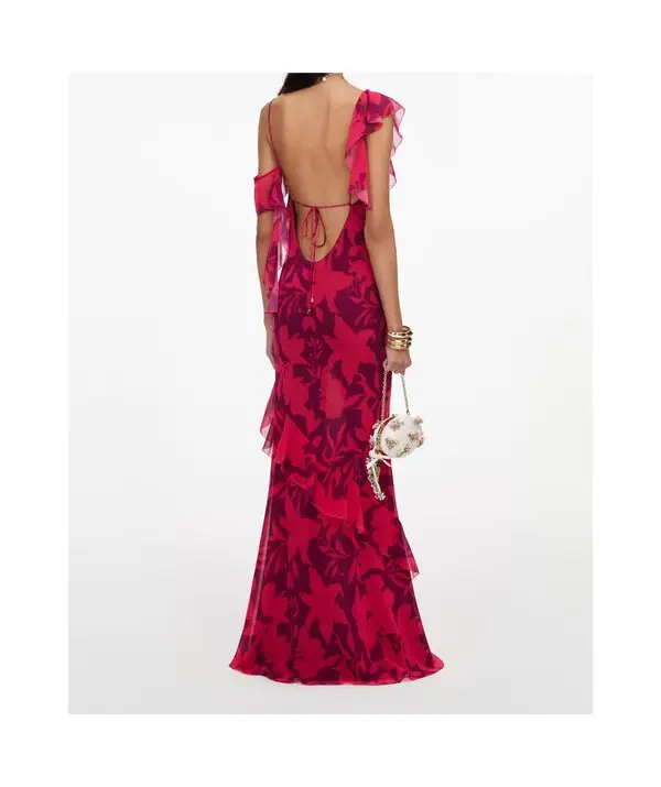 SELF-PORTRAIT Pink Floral Ruffle Maxi Dress