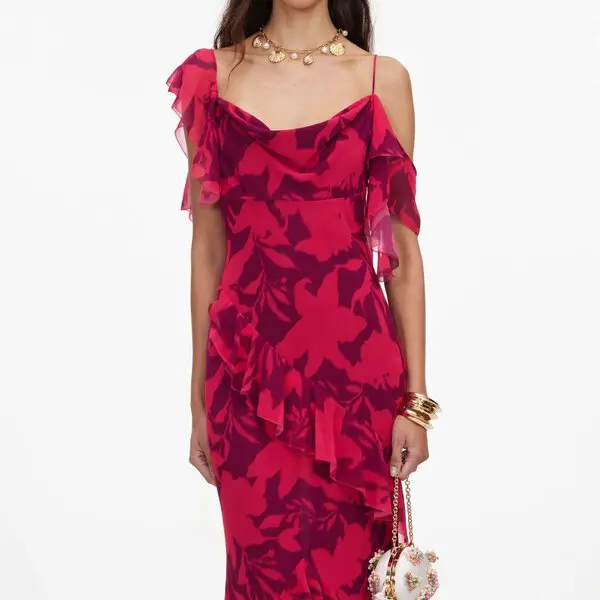 SELF-PORTRAIT Pink Floral Ruffle Maxi Dress