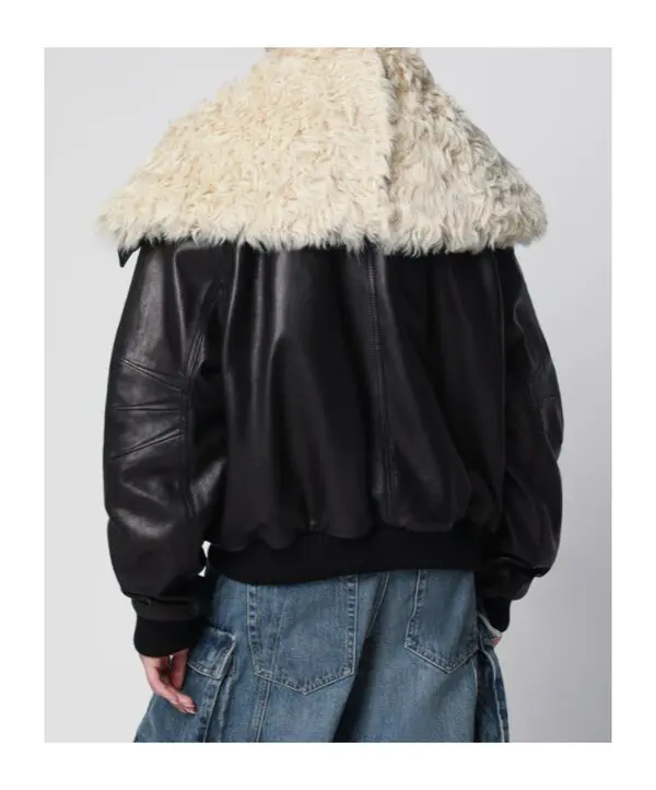 Attico Leather Bomber Jacket With Shearling Collar