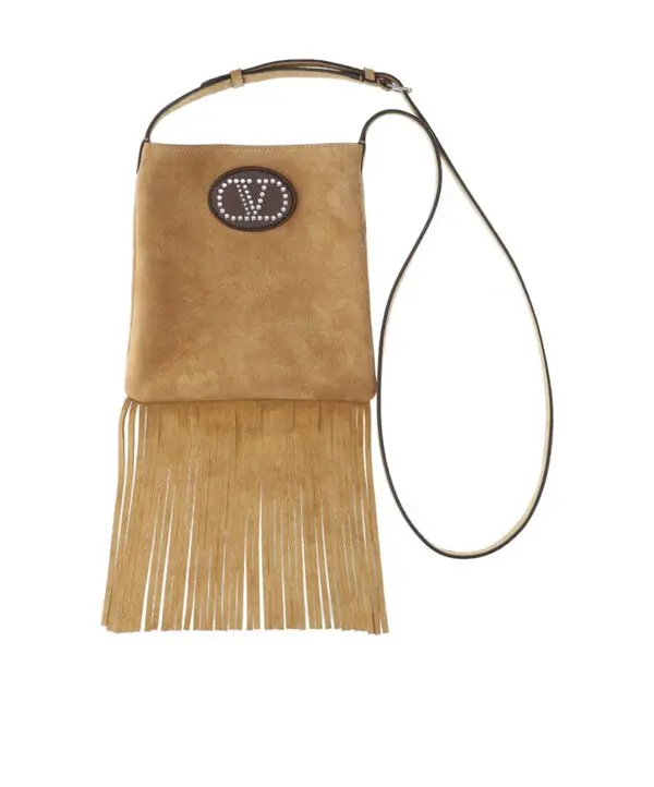 Valentino Garavani Vlogo Signature Fringed Edge Crossbody Bag - Nude
