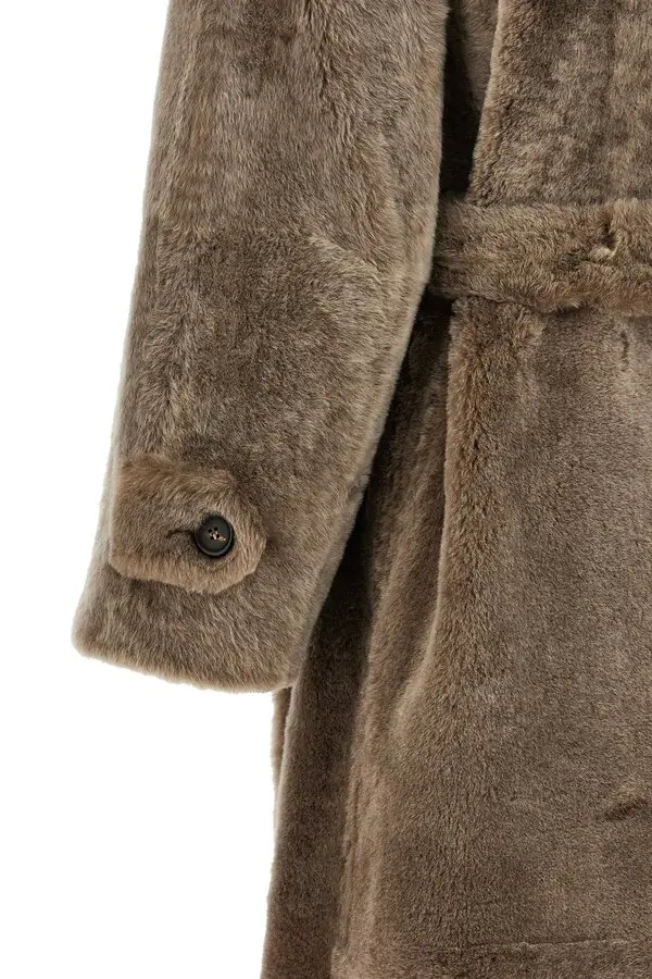 Brunello Cucinelli Belted Shearling Coat - Brown