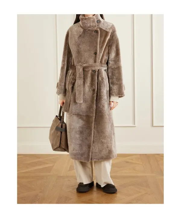 Brunello Cucinelli Belted Shearling Coat - Brown