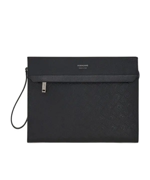 FERRAGAMO Embossed Monogram Wristlet Bag - Black