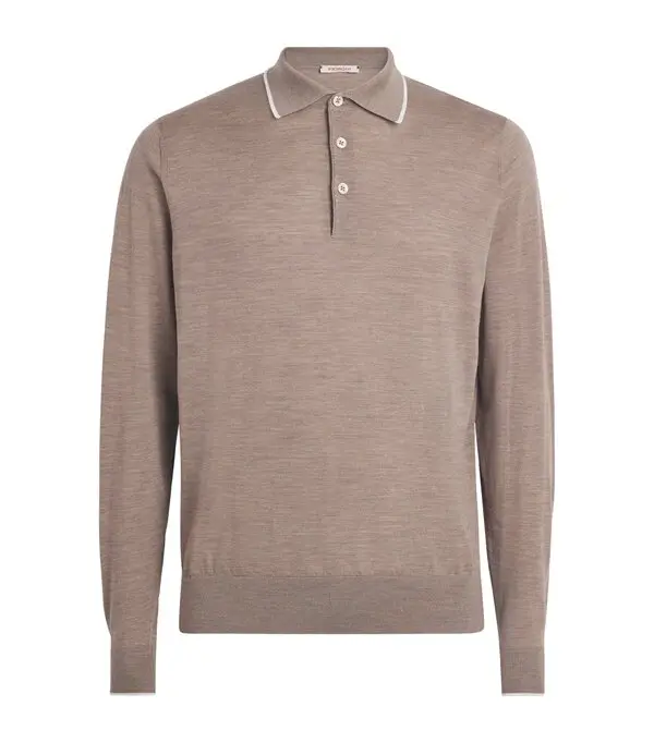 FIORONI CASHMERE Virgin Wool Long-sleeve Polo Shirt - Beige