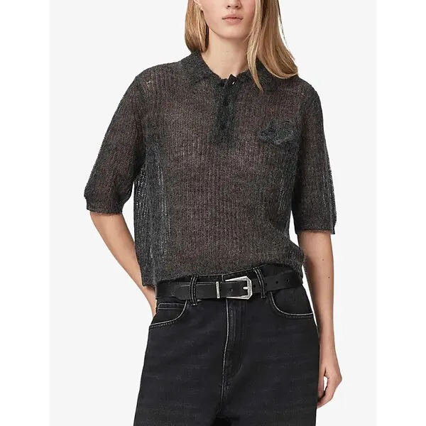 ALLSAINTS Anabel Short-sleeved Knitted Polo Top - Graphite Grey