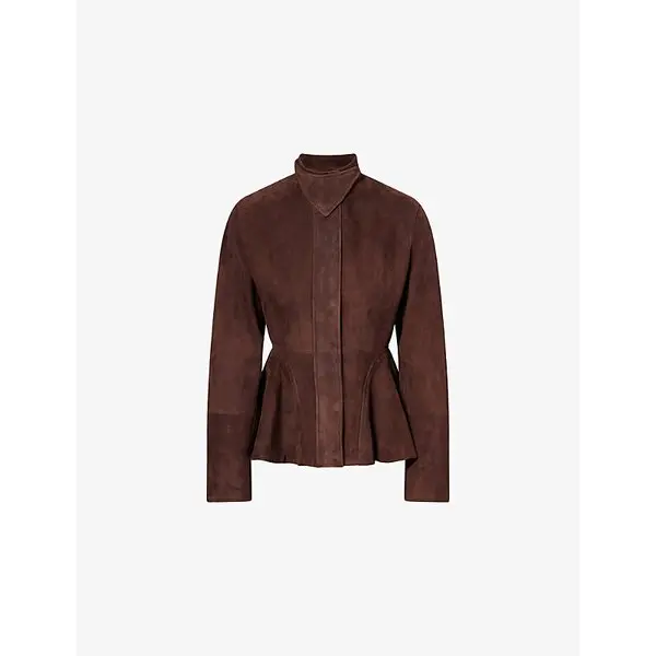Alaïa Stand-collar Peplum Suede Jacket - Chocolat