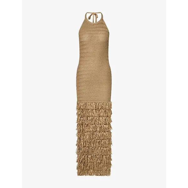MALINA Elissa Halterneck Fringed Woven Maxi Dress - Sand