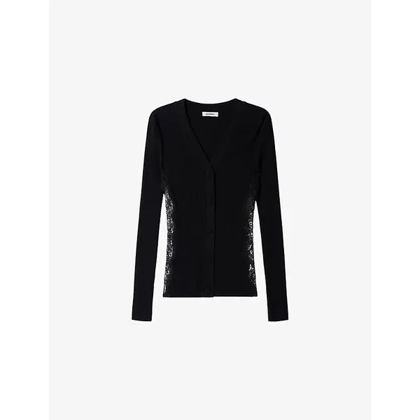 Sandro V-neck Lace-panel Knitted Cardigan - Black
