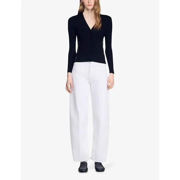 Sandro V-neck Lace-panel Knitted Cardigan