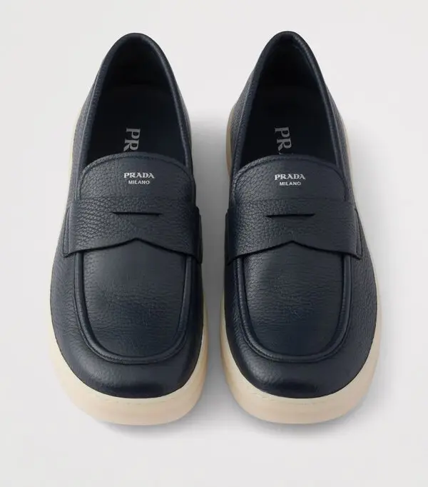 Prada Leather Logo Loafers - Blue