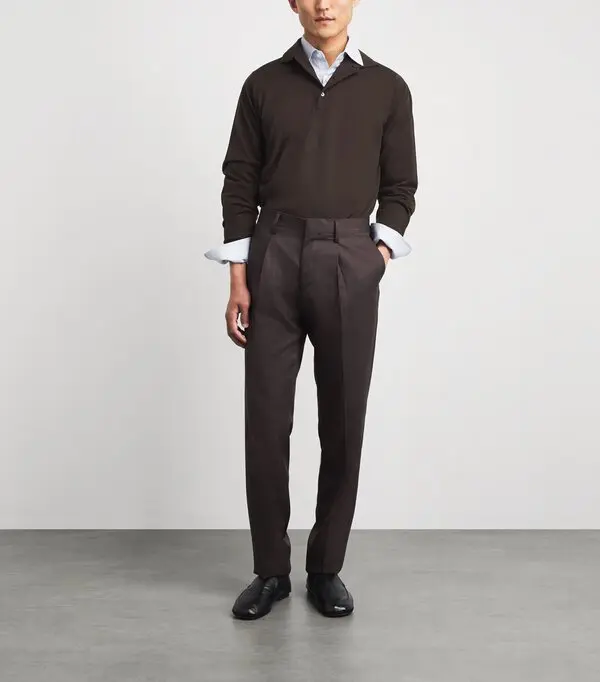 LARDINI Virgin Wool Long-sleeve Polo Shirt - Brown