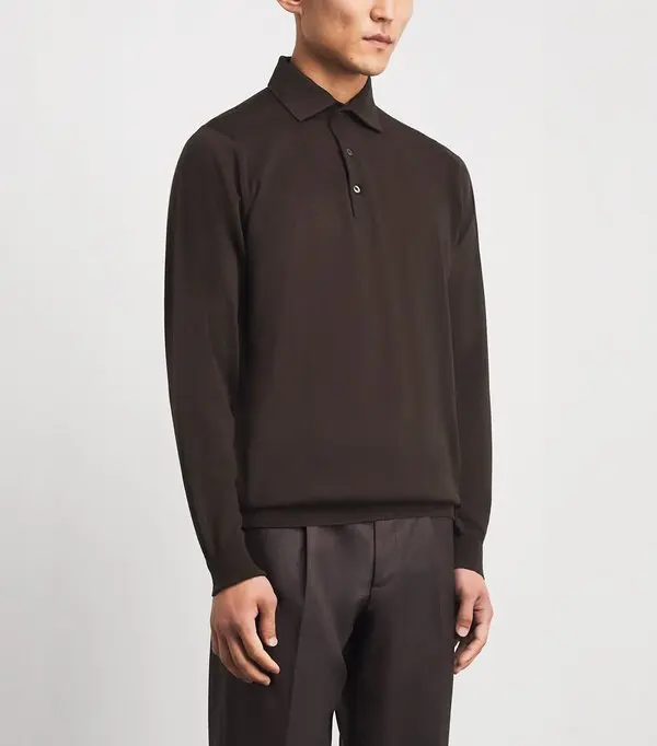 LARDINI Virgin Wool Long-sleeve Polo Shirt - Brown
