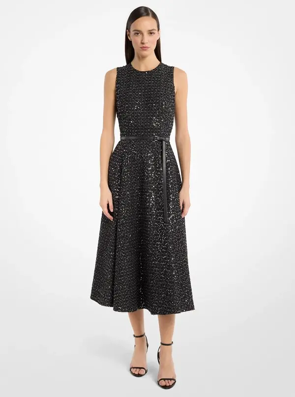 Michael Kors Sequined Denim Tweed Fit-and-flare Dress