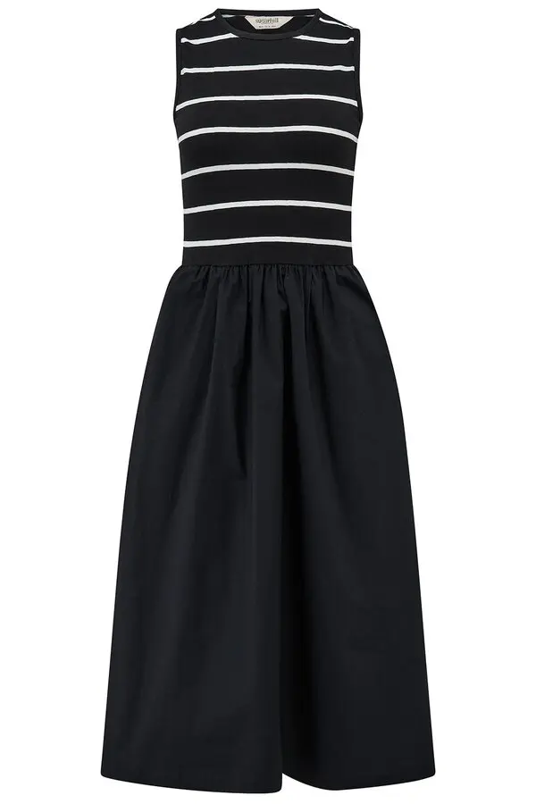 SUGARHILL BRIGHTON Lorena Jersey & Woven Mix Midi Dress White, Stripe - Black