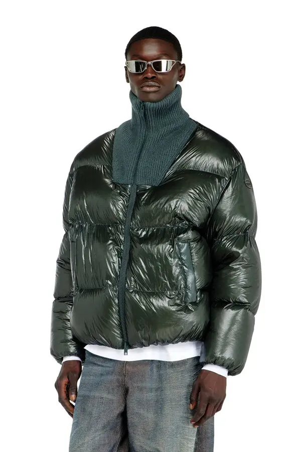 DIESEL® Down Puffer Jacket In Ripstop With Ribbed High Neck - Green