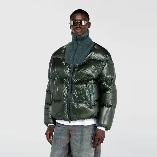 DIESEL® Down Puffer Jacket In Ripstop With Ribbed High Neck - Green