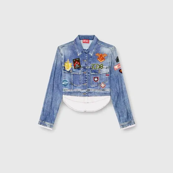 DIESEL® Cropped Satin Shirt With Trompe-l'oeil Denim Print - Blue