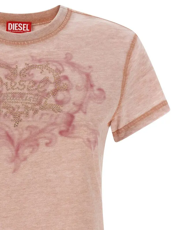 DIESEL® T-ila-aa1 Slim Fit Burnout Washed T-shirt With Embellished Print - Pink