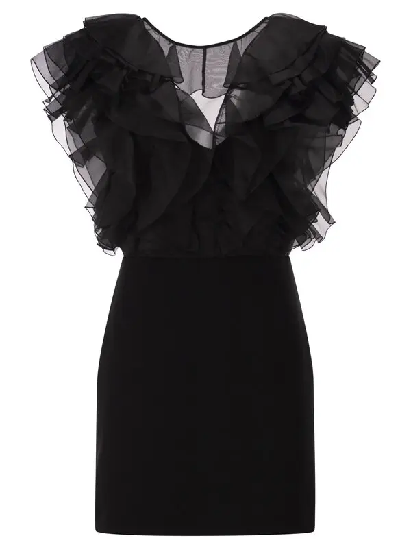 Max Mara Silk Mini Dress With Organza Ruffles - Black
