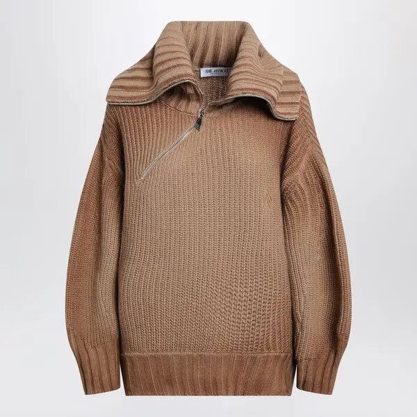 Attico Camel Wool And Cashmere Sweater With Asymmetric Zip - Cream