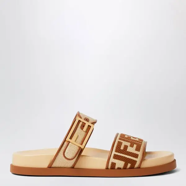Fendi Raffia And Nappa Leather Slide Sandals With Ff Embroidery - Brown