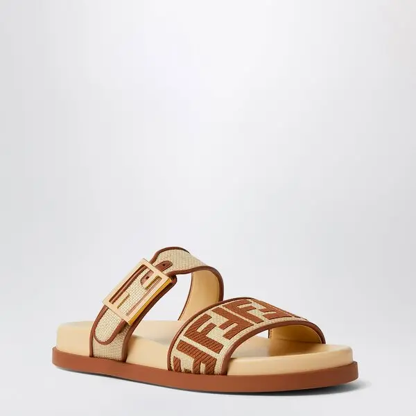 Fendi Raffia And Nappa Leather Slide Sandals With Ff Embroidery - Brown