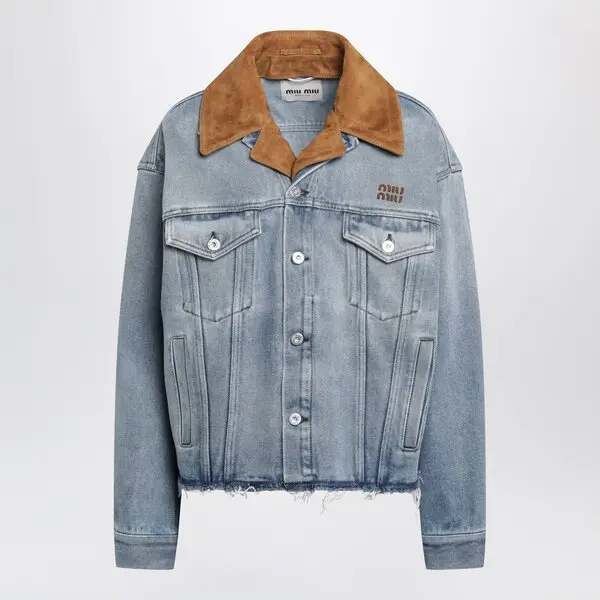 Miu Miu Washed Denim Jacket With Suede Collar - Blue