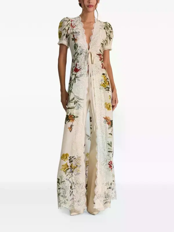 Alice + Olivia Ingrid Lace-trimmed Floral Print Robe-style Blouse