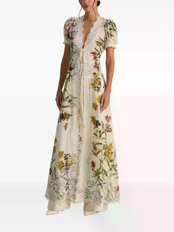 Alice + Olivia Ingrid Lace-trimmed Floral Print Robe-style Blouse