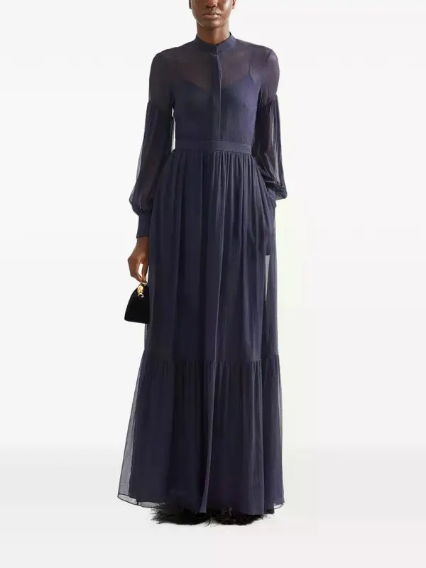Erdem Navy Silk Creponne Tiered Hem Maxi Skirt
