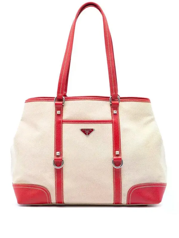 Prada Studded Leather Trimmed Canvas Tote Bag - Neutrals