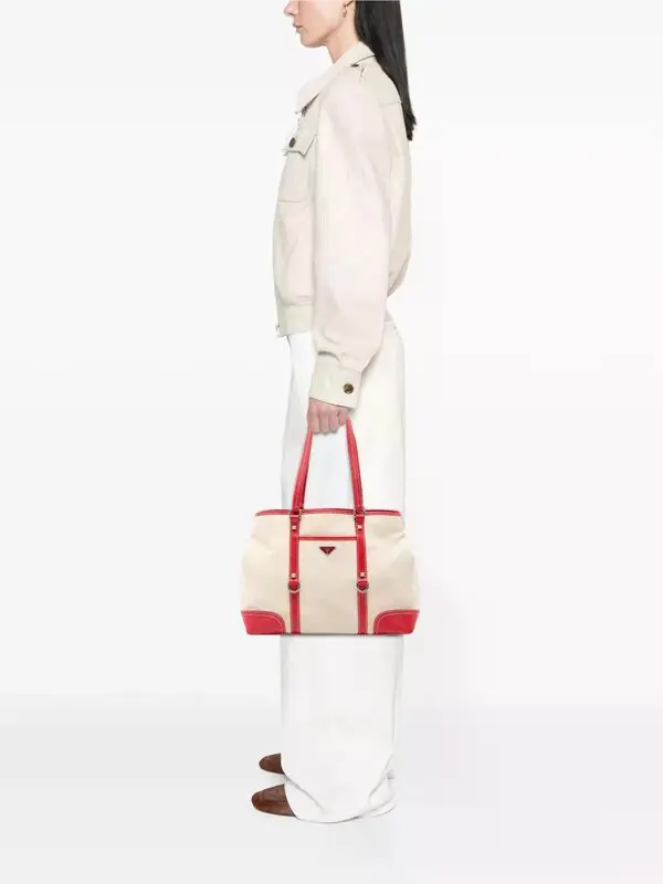 Prada Studded Leather Trimmed Canvas Tote Bag - Neutrals