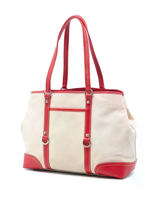 Prada Studded Leather Trimmed Canvas Tote Bag - Neutrals