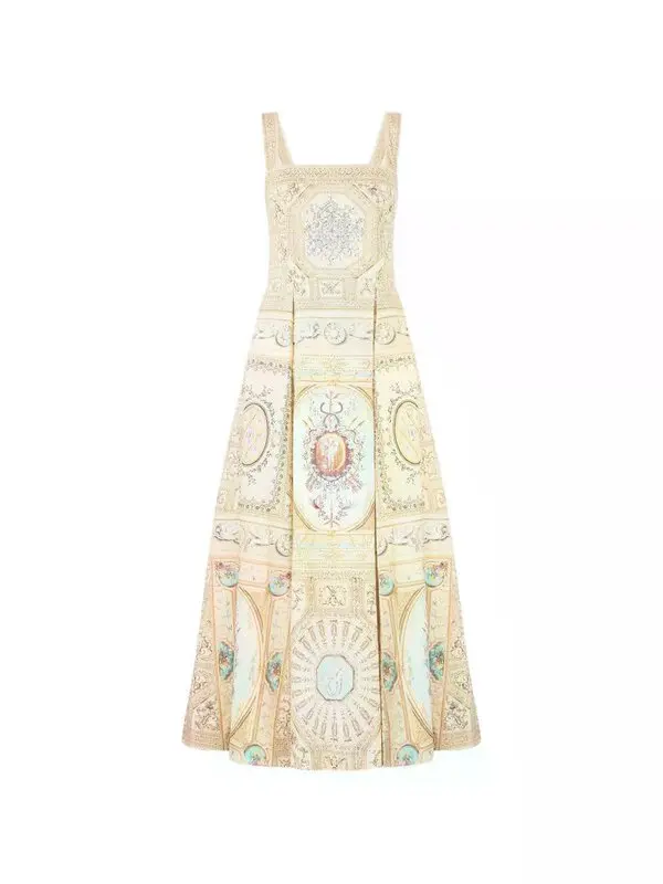 Camilla Graphic Print Square Neck Midi Dress - Neutrals