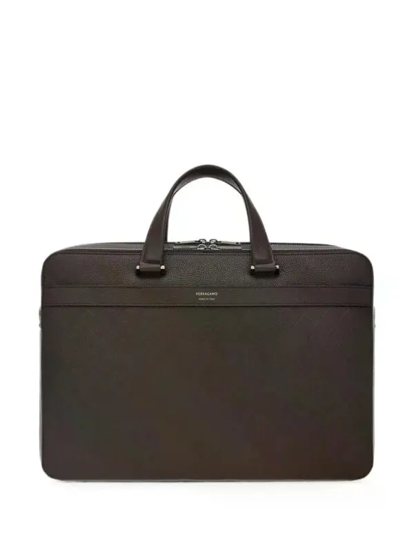 FERRAGAMO Monogram Hammered Calfskin Briefcase - Brown