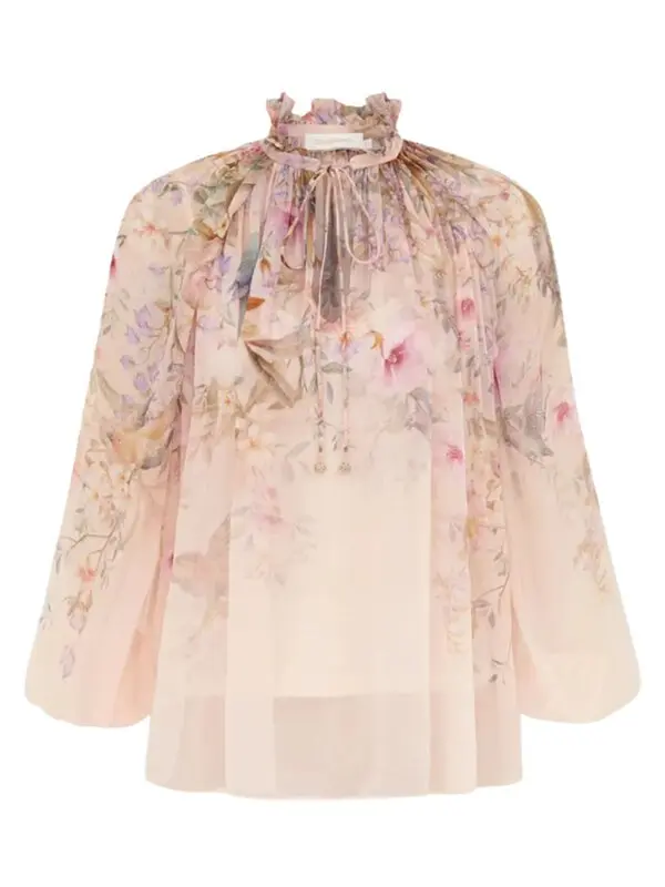 Zimmermann Gathered Floral Print V-neck Blouse - White