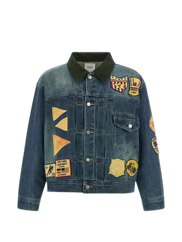 FOUND Applique Patchwork Jacket With Velvet Collar For - Denim Blue