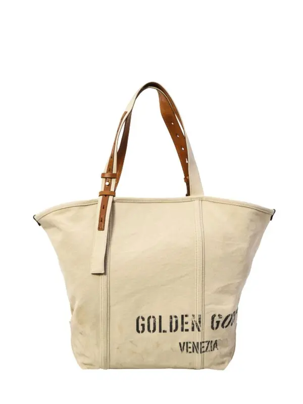 GOLDEN GOOSE Canvas Shopping Tote With Leather Inserts And Venezia Print - Ecru