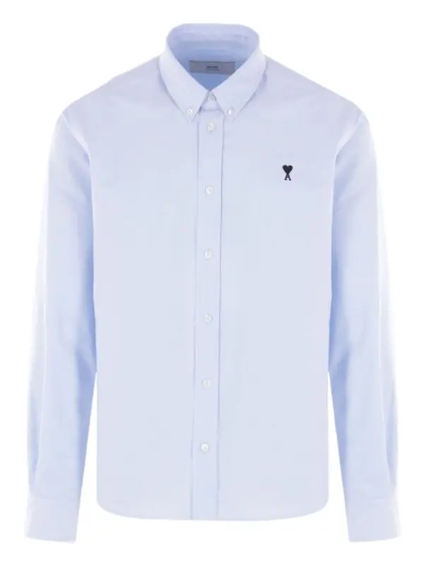 AMI Paris Cotton Oxford Shirt With Embroidered Chest Detail And Buttoned Cuffs - Navy