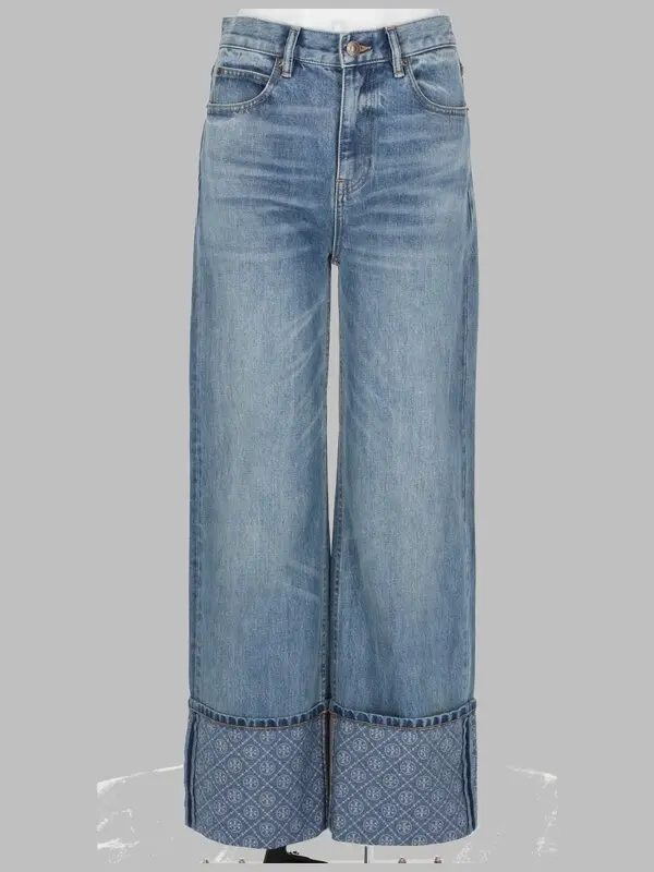 Tory Burch Straight Leg Jeans With Monogrammed Cuffs - Denim