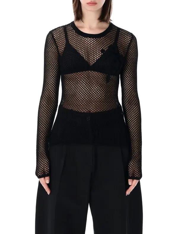 GANNI Mercerized Cotton Mesh Pointelle Longsleeve Top - Black