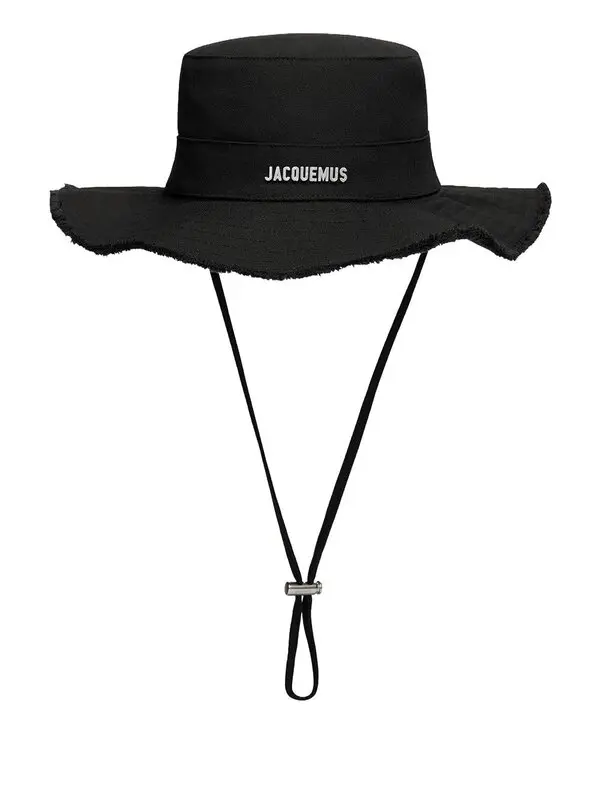 Jacquemus Mini Bucket Hat With Frayed Brim And Drawstring - Black