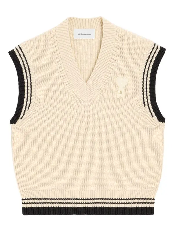 AMI Paris Sleeveless V-neck Knit Vest With Embroidered Detail - White