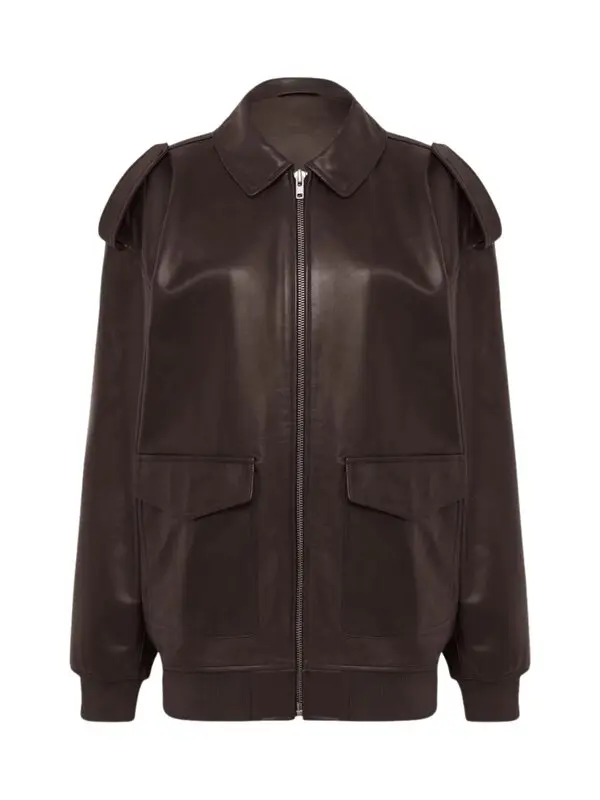 THE FRANKIE SHOP Point Collar Zip Front Leather Jacket With Flap Pockets - Brown