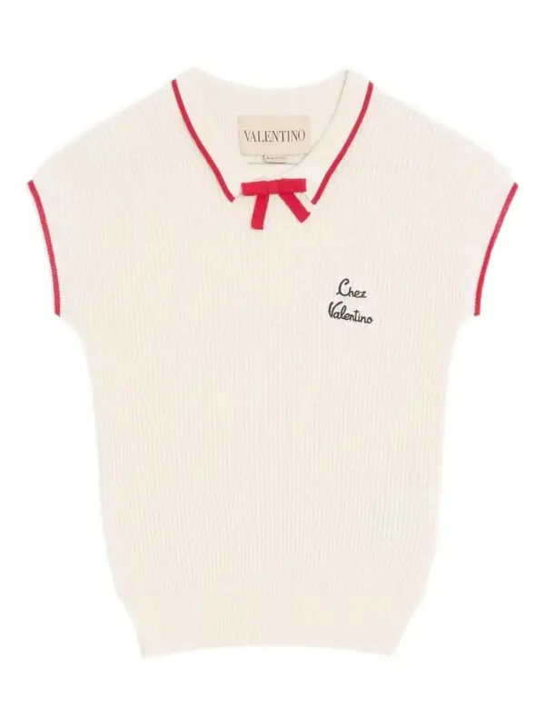 Valentino Garavani Chic Cotton And Viscose Top With Bow And Red Trim Short Sleeve - Multicolor