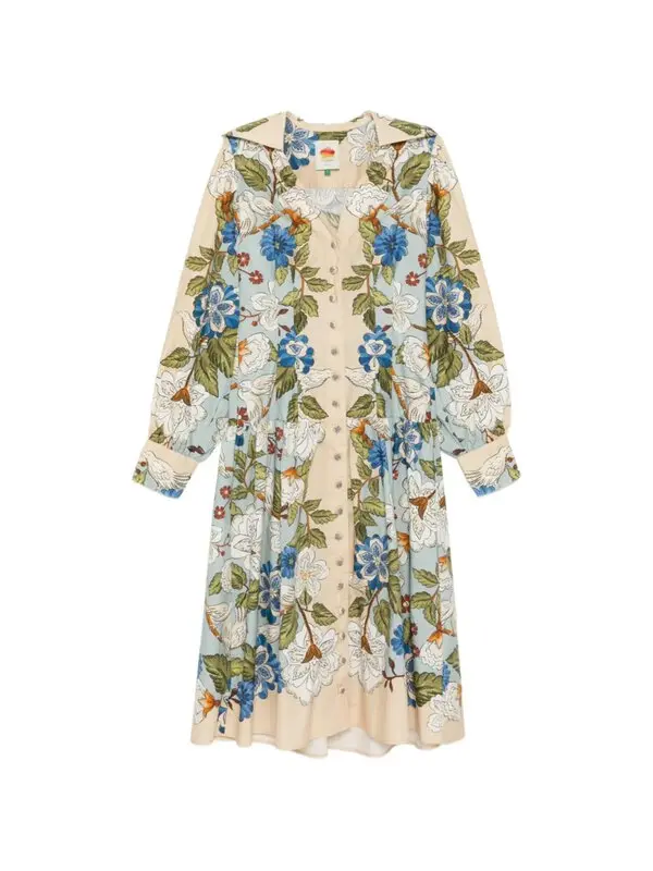 Farm Rio Floral Print Long Sleeve V-neck Midi Dress - Light Blue