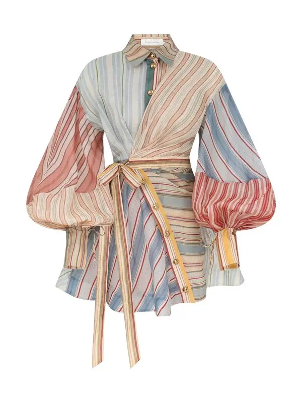 Zimmermann Rebellion Striped Linen Silk Mini Dress With Puff Sleeves - Multicolor